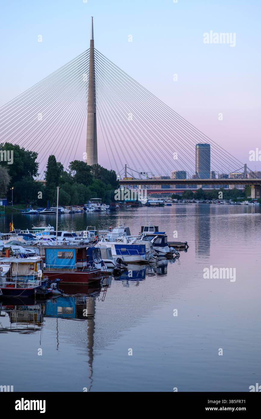 Boat marina at Ada Ciganlija with Ada Bridge, a cable-stayed bridge ...