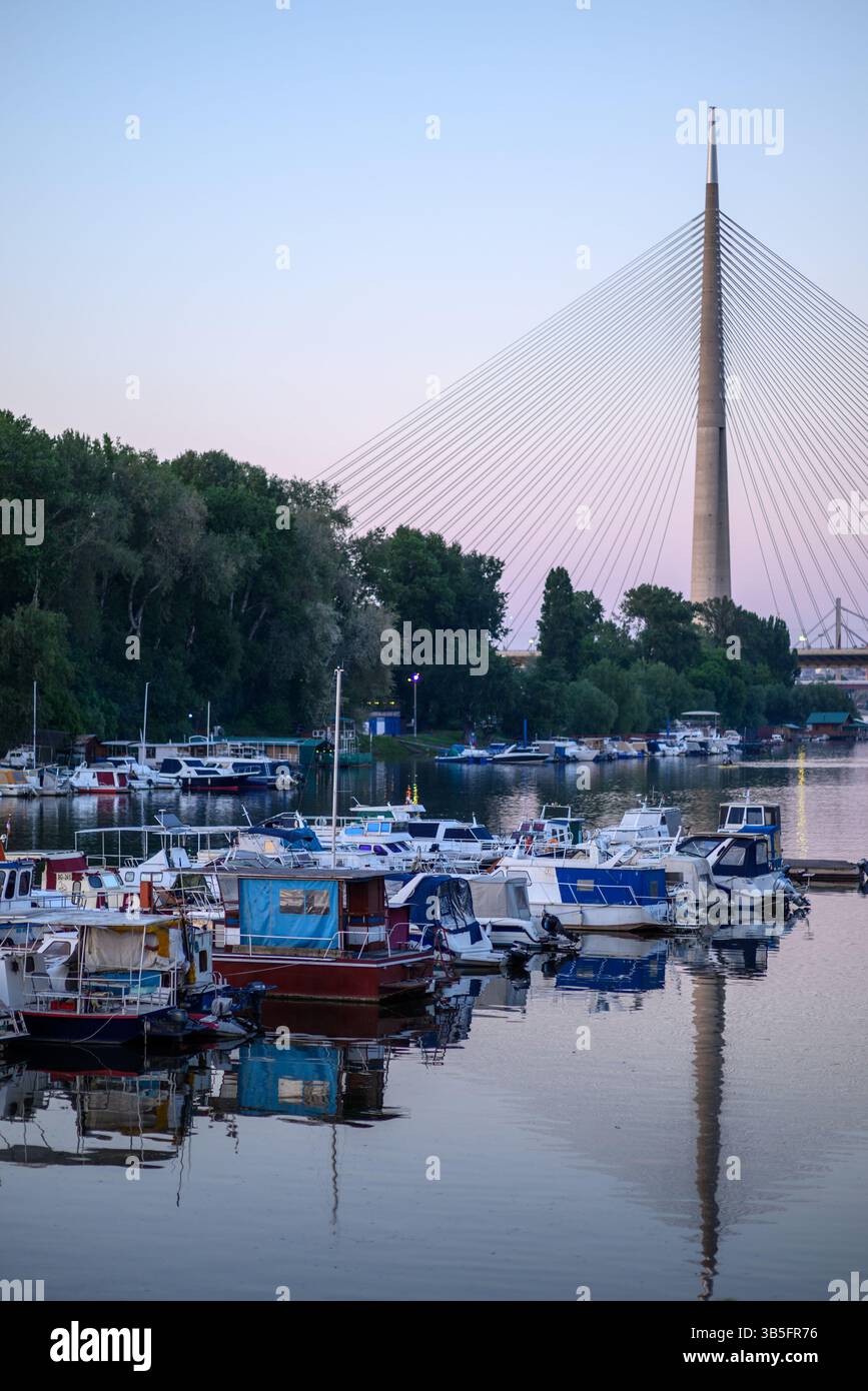 Boat marina at Ada Ciganlija with Ada Bridge, a cable-stayed bridge ...