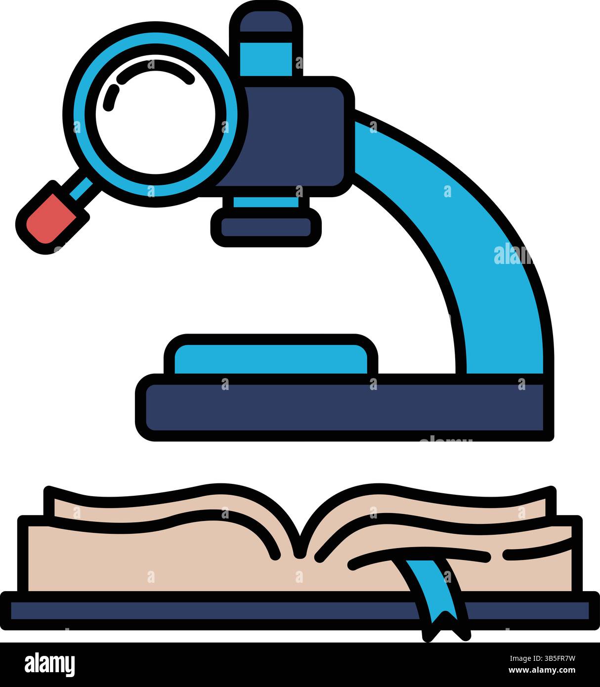 A blue and black microscope is shown with an open book next to it. The ...