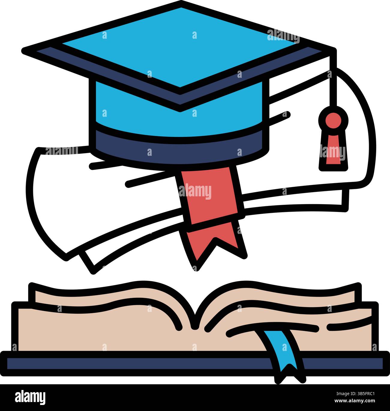 A graduation cap and diploma are shown above an open book. Concept of ...