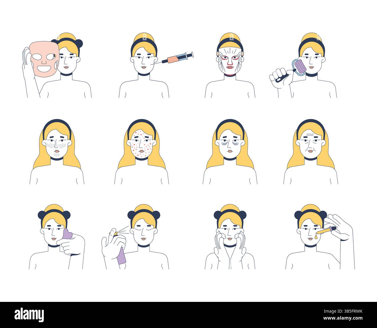 Skincare routine and skin problems 2D vector illustrations set Stock ...