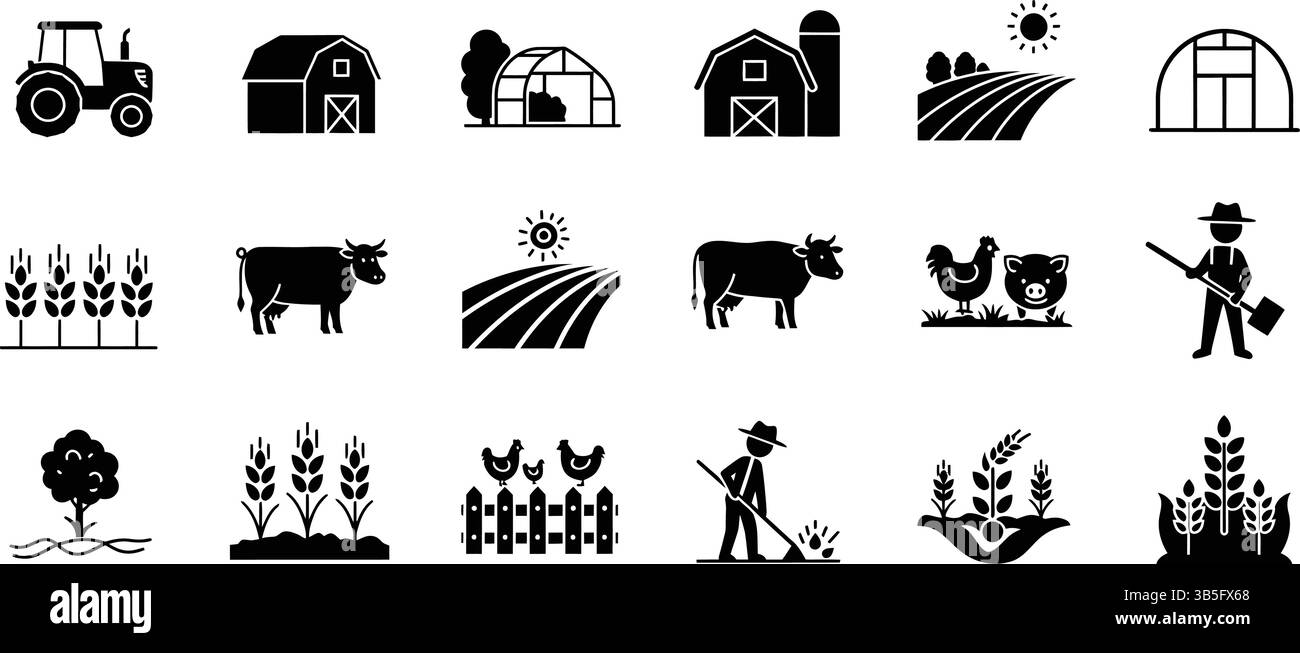 Agricultural Farming Icons – Essential Farm and Rural Symbols Stock ...