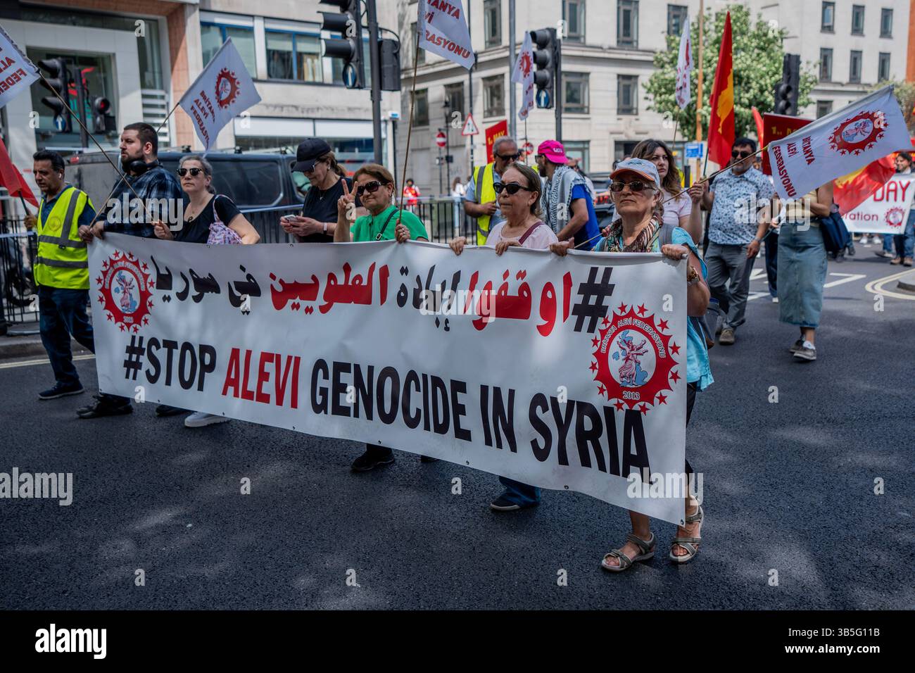 London, UK. 01st May, 2025. Syrian marchers accuse the Alevis of ...