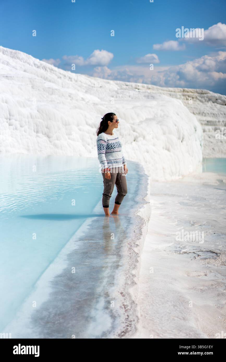 Woman tourist enjoying the Pamukkale thermal pools in Turkey Stock ...
