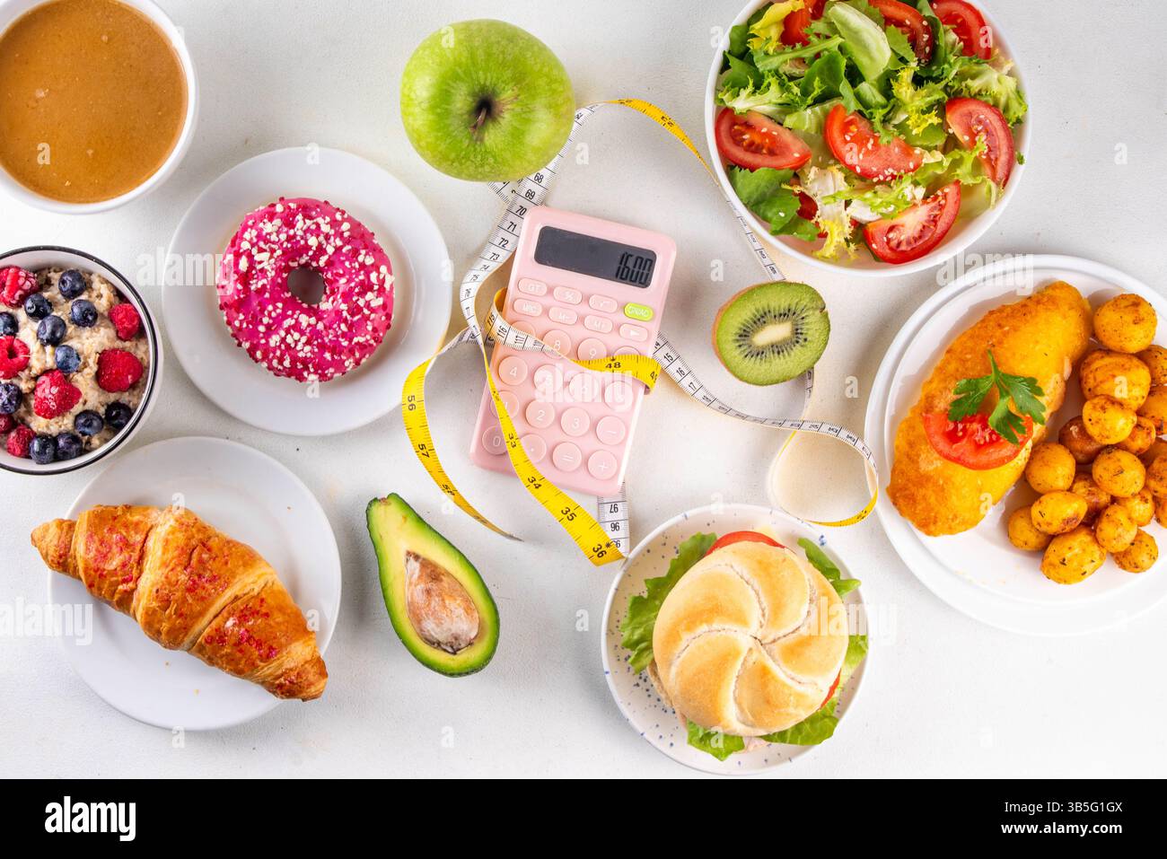 Calorie Calculator diet background with healthy and unhealthy foods ...