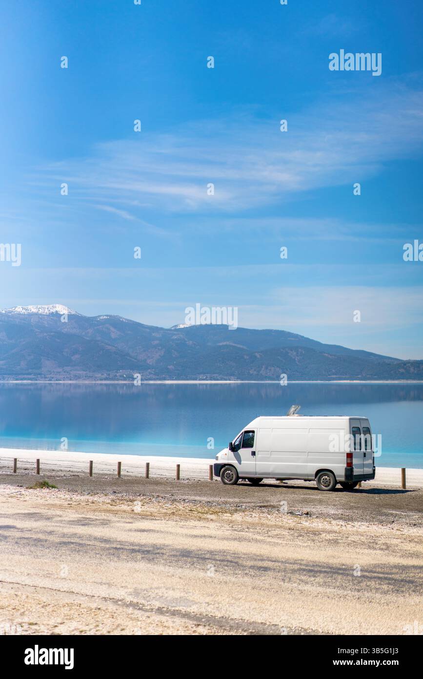 White camper van parked near Salda golu lake in Turkey Stock Photo - Alamy