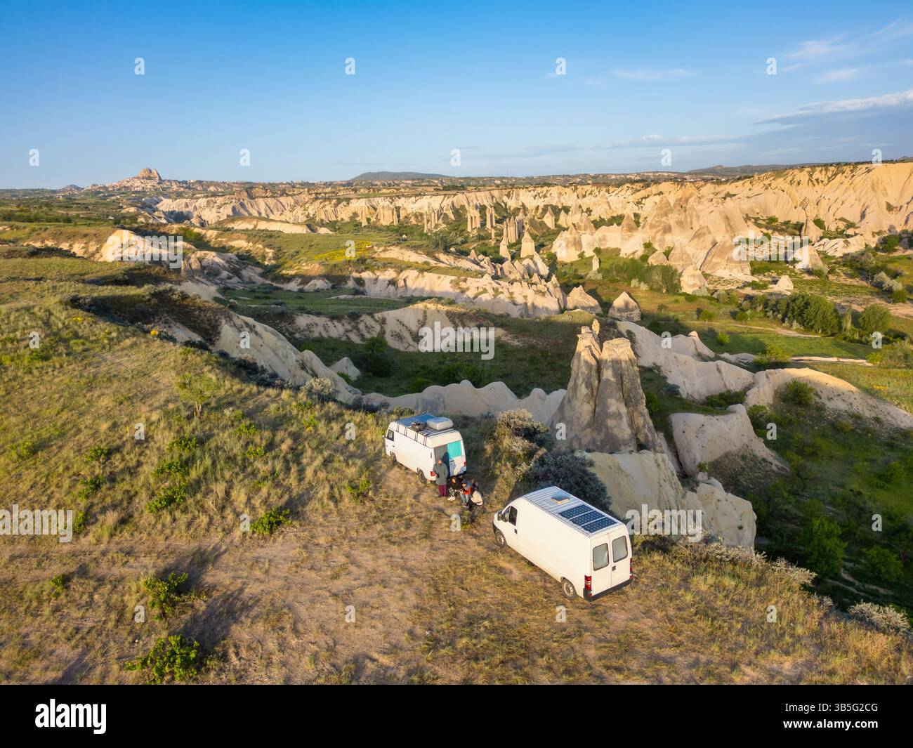 Camper vans drone aerial view at sunrise in Cappadocia Stock Photo - Alamy