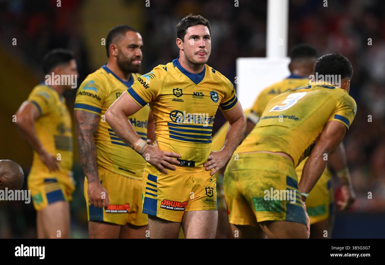 Brisbane, Australia. 02nd May, 2025. Mitchell Moses of the Eels reacts ...
