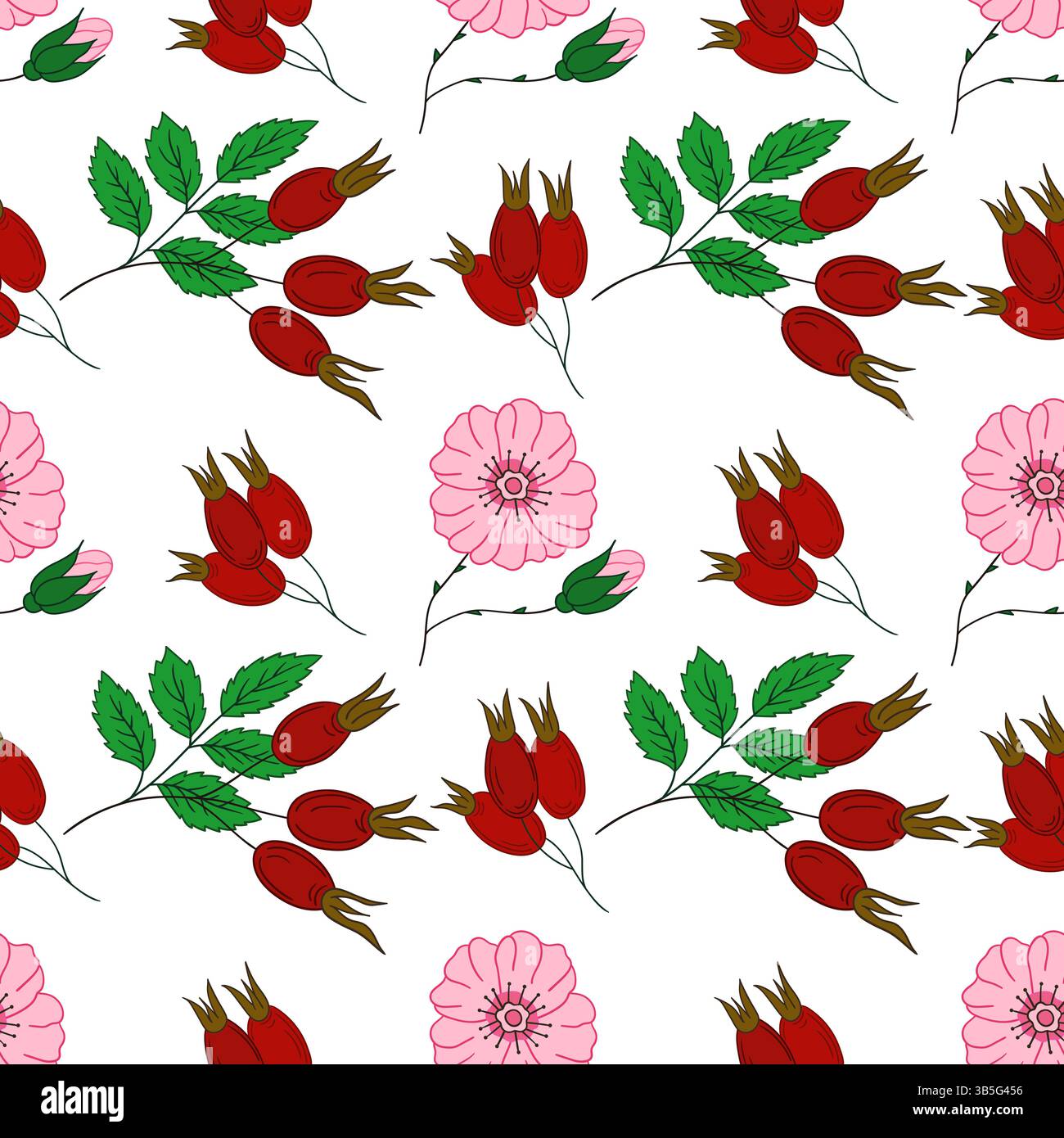 Seamless floral pattern in hand draw style. Rosehip. Pattern for ...