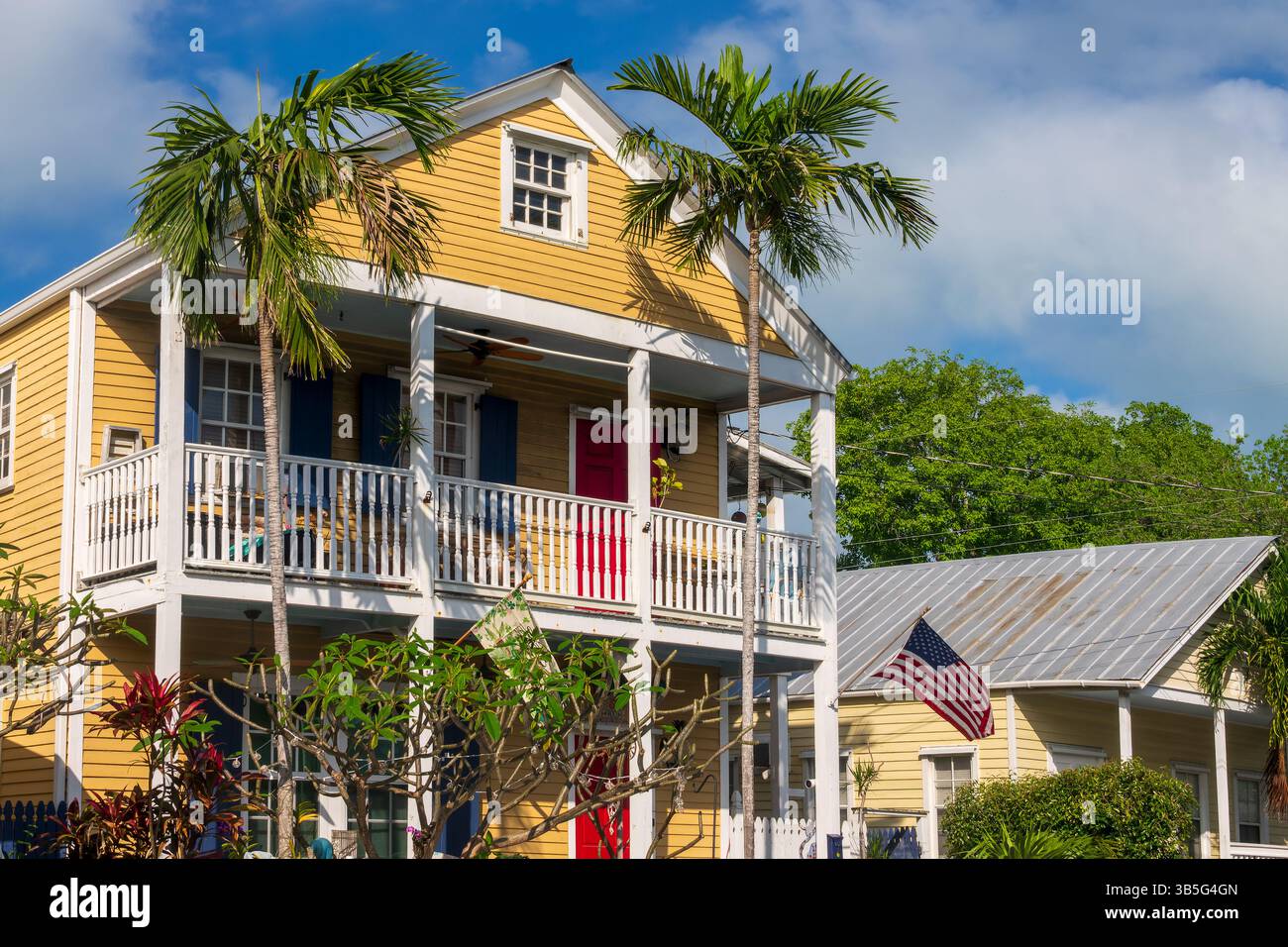 Colorful Conch house with a tropical backyard, vibrant colors ...