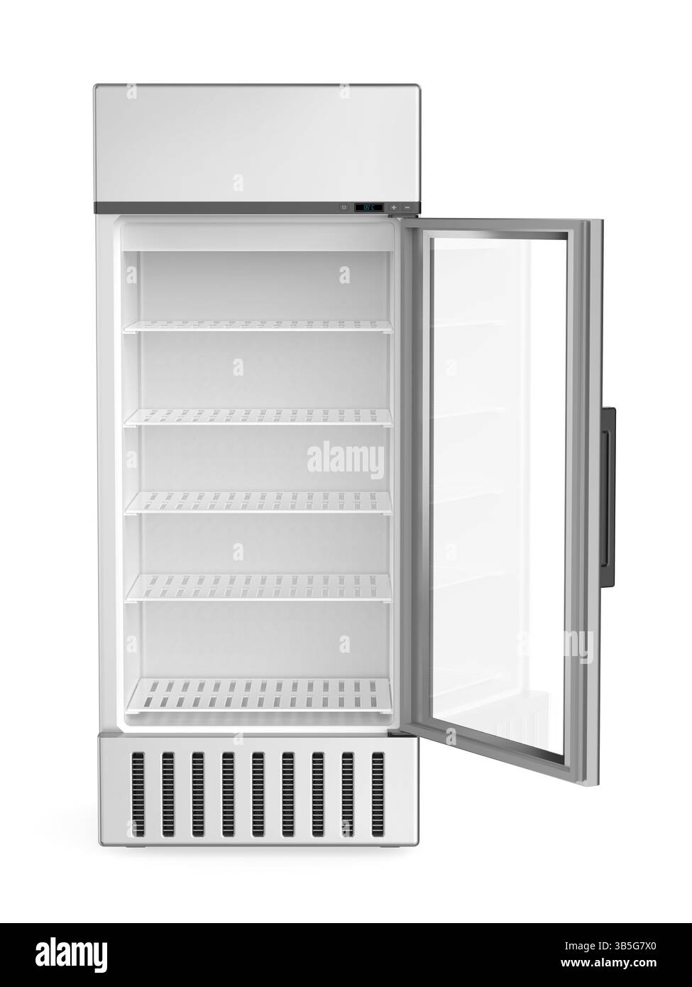 Empty silver supermarket beverage refrigerator with an open door, front ...