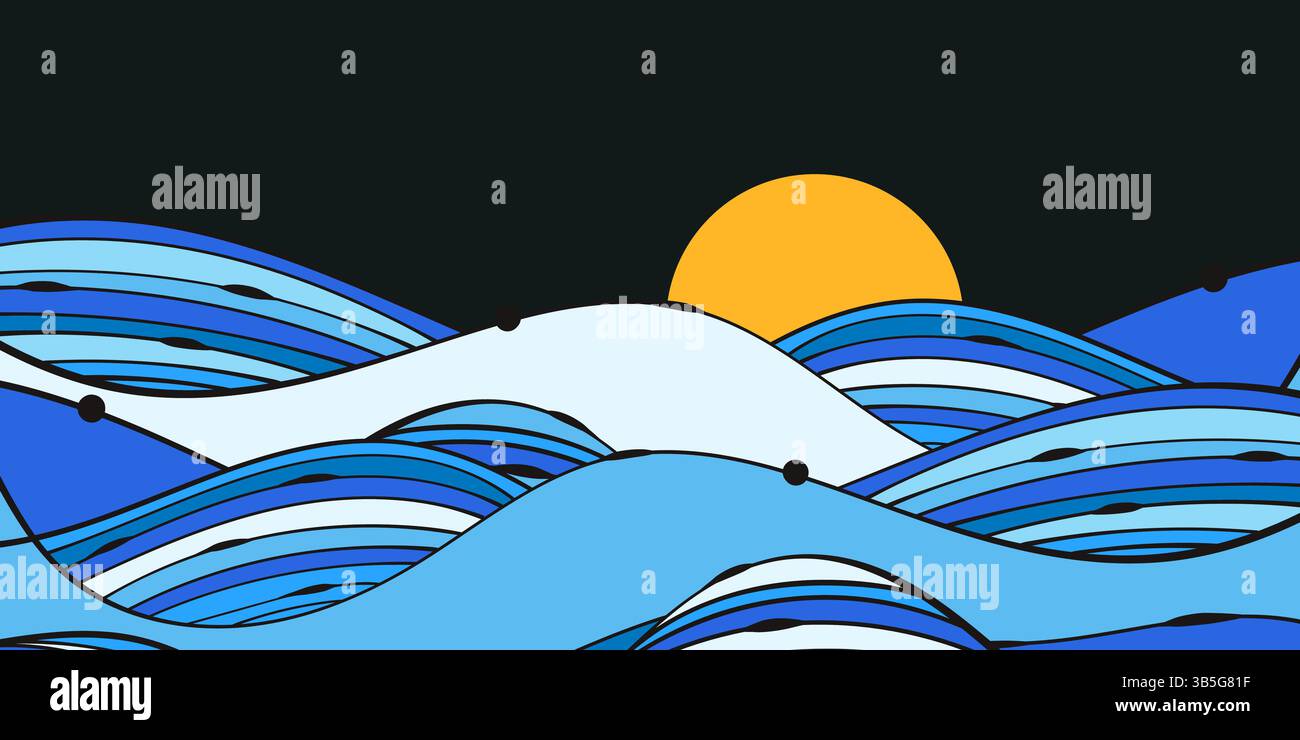 Landscape with Ocean in the Night with Full Moon. Abstract layered wave ...