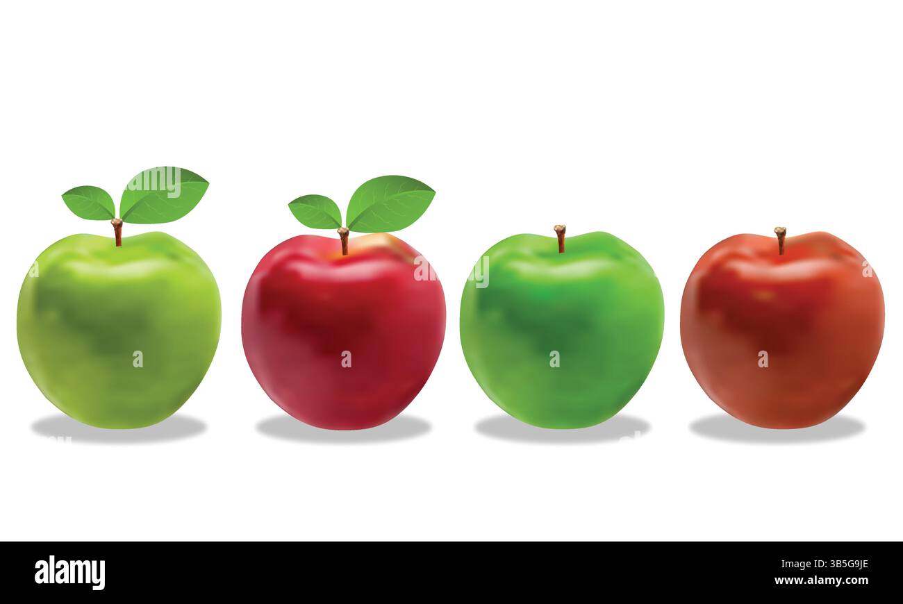 Realistic red and green apples with leaves, isolated on white background – fresh fruit vector ...