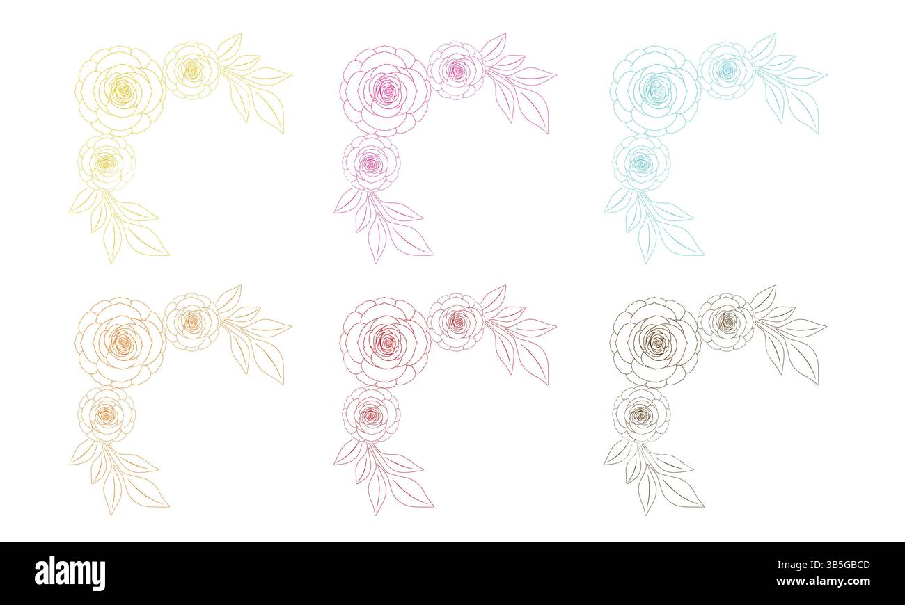 Set of six beautiful colorful floral frame corners. Vector illustration ...
