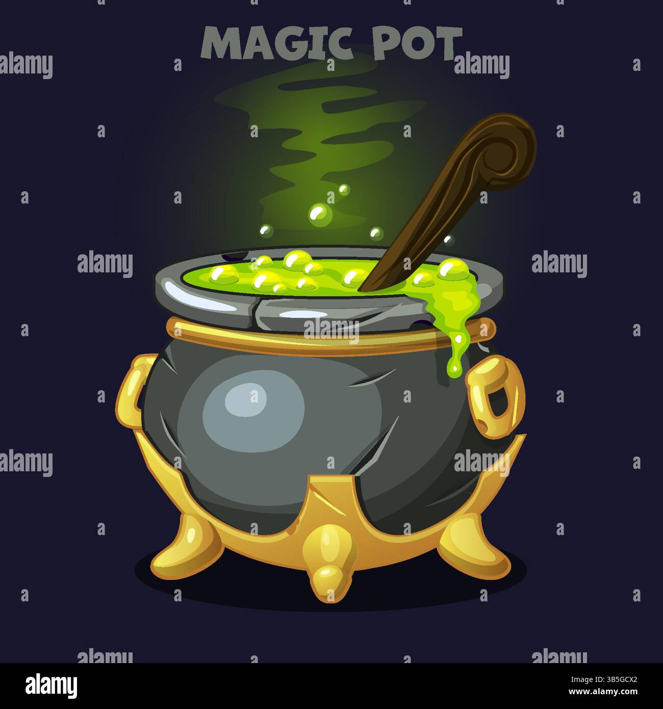 Cartoon pot with Magic potion. Spooky witch caldron with green magic ...