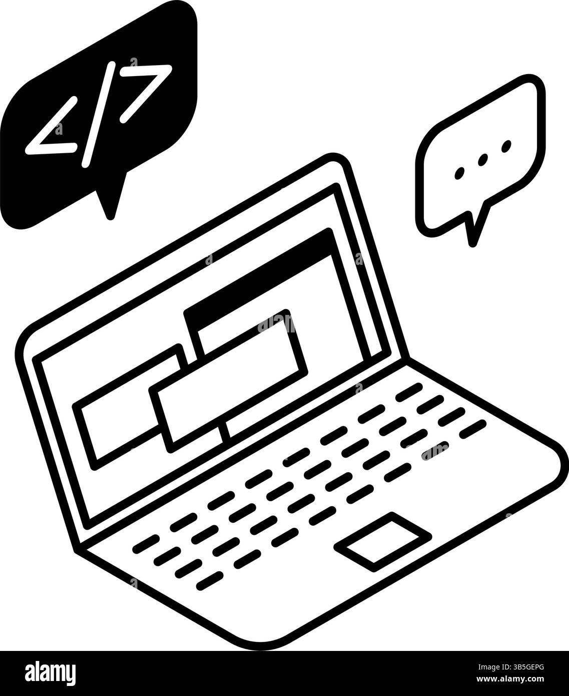 Simple line drawing icon programming on laptop, isometric illustration ...