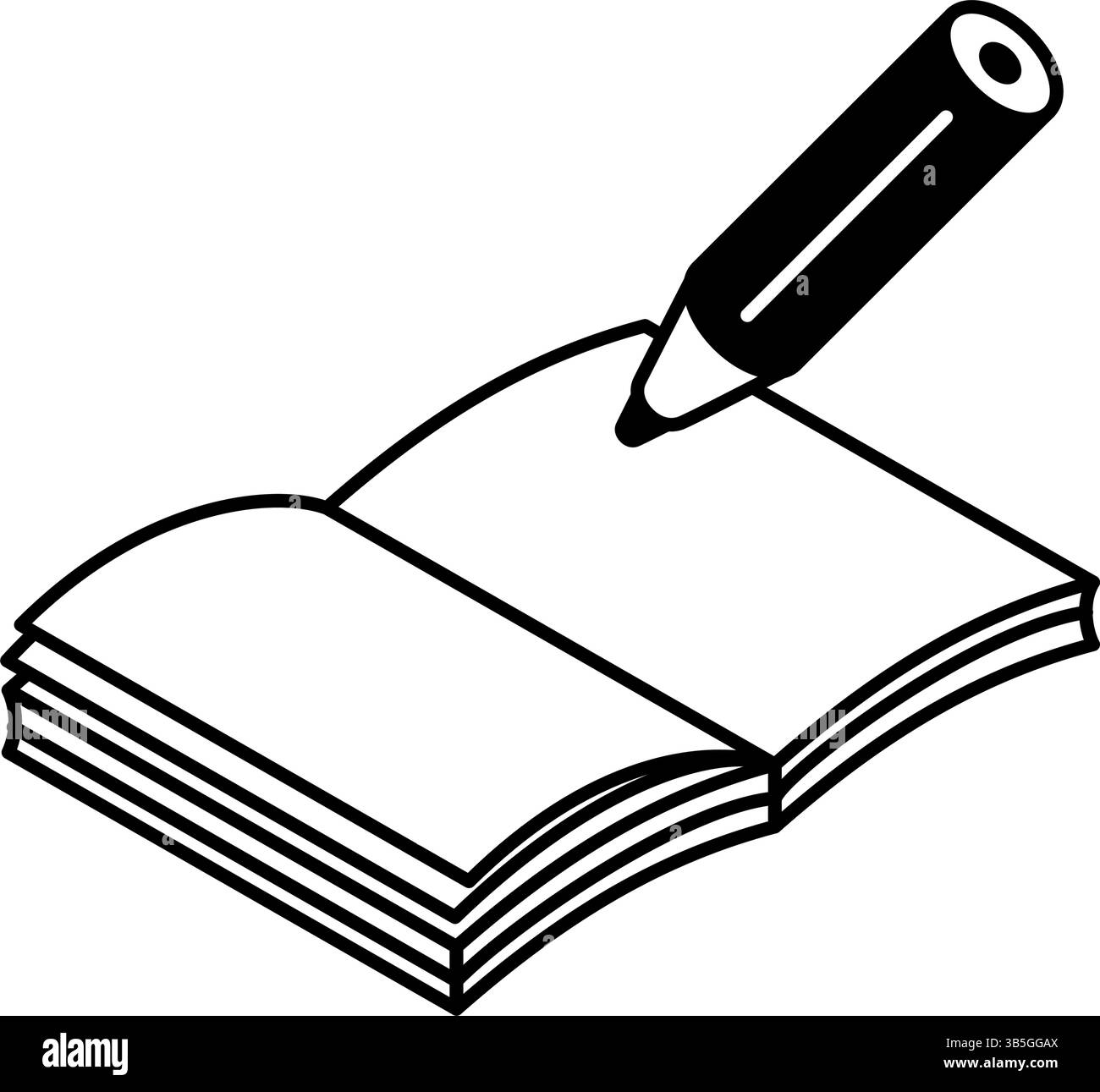 Simple line drawing icon of open notebook and pen, isometric ...