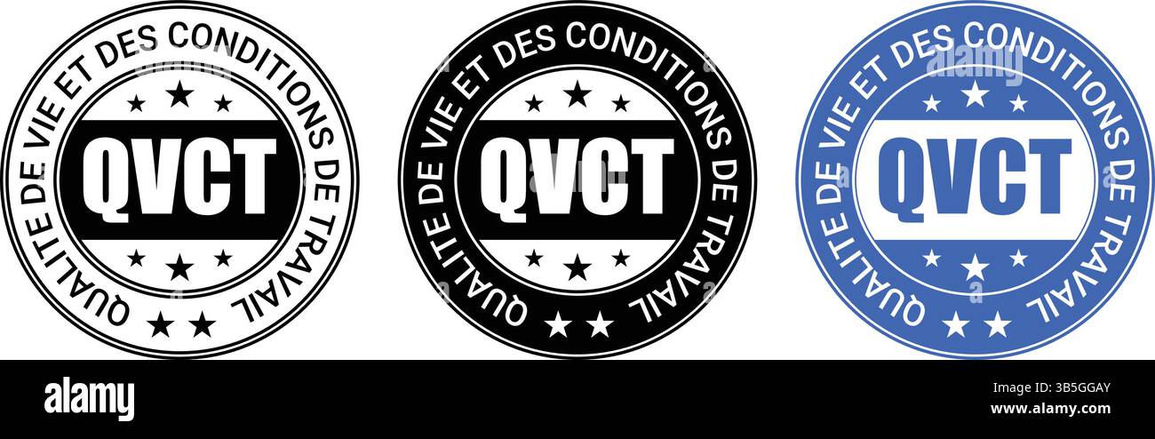 Set of circular rubber stamp style labels featuring the text “QVCT ...