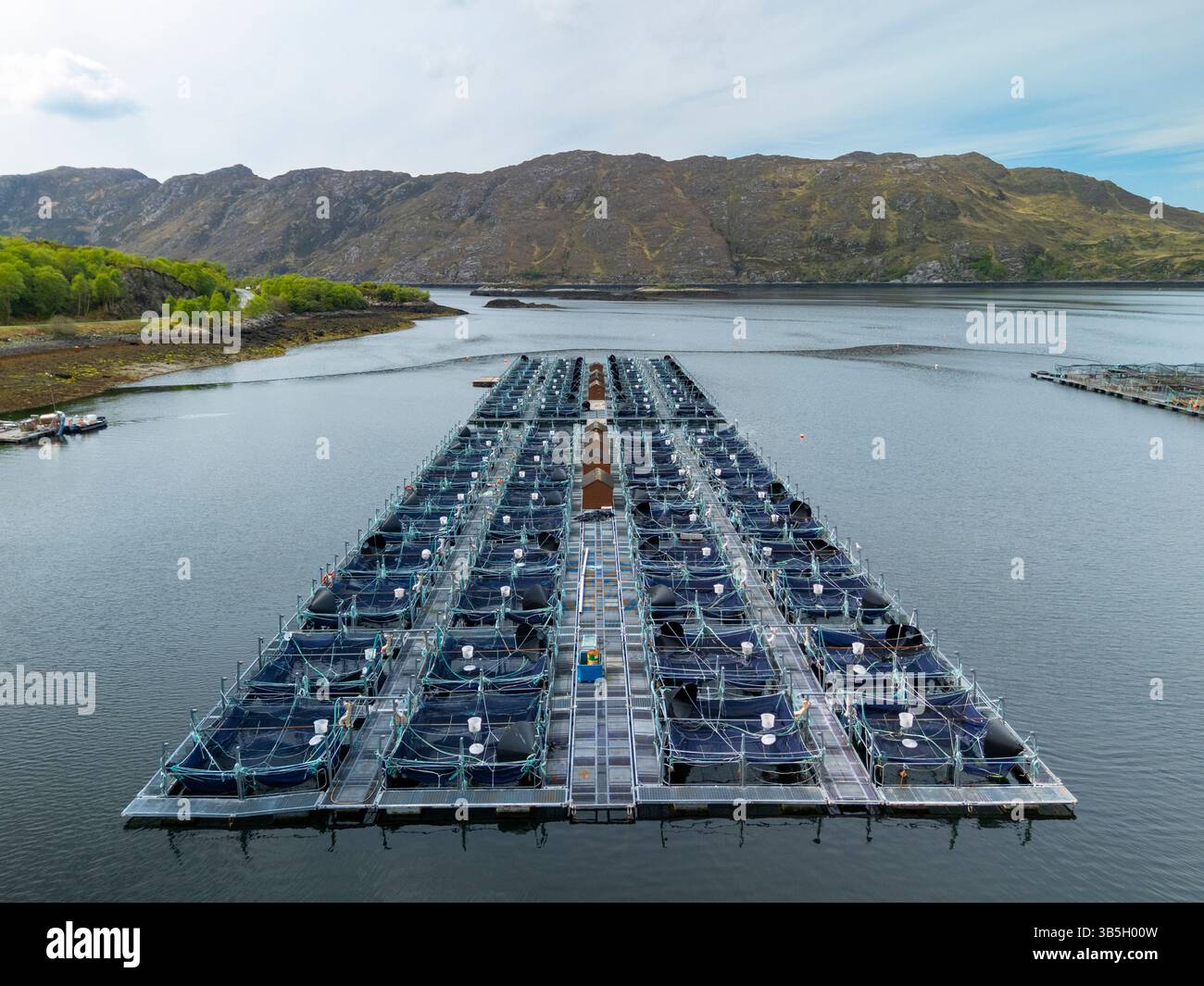 Aerial view of modern fish farm on Loch Ailort, morar, Lochaber ...