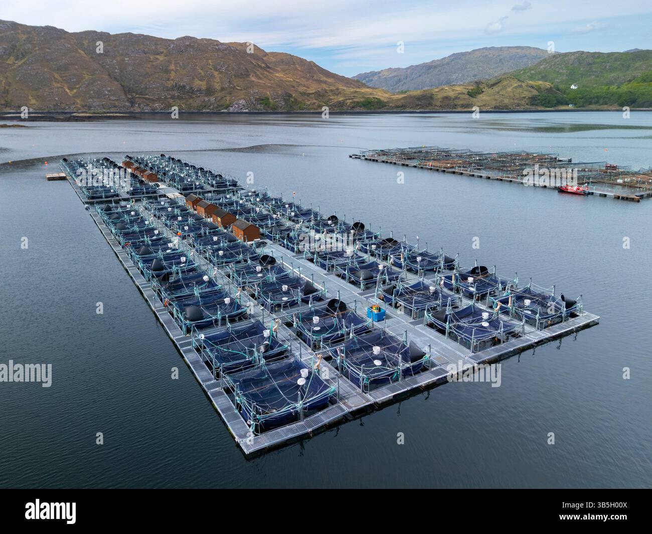 Aerial view of modern fish farm on Loch Ailort, morar, Lochaber ...