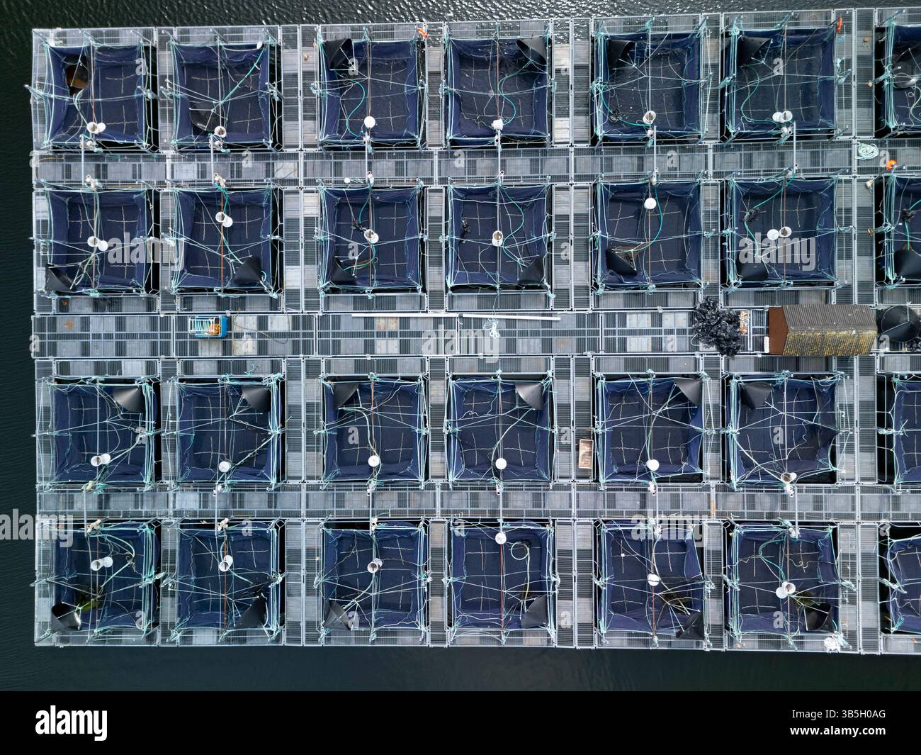 Aerial view of modern fish farm on Loch Ailort, morar, Lochaber ...