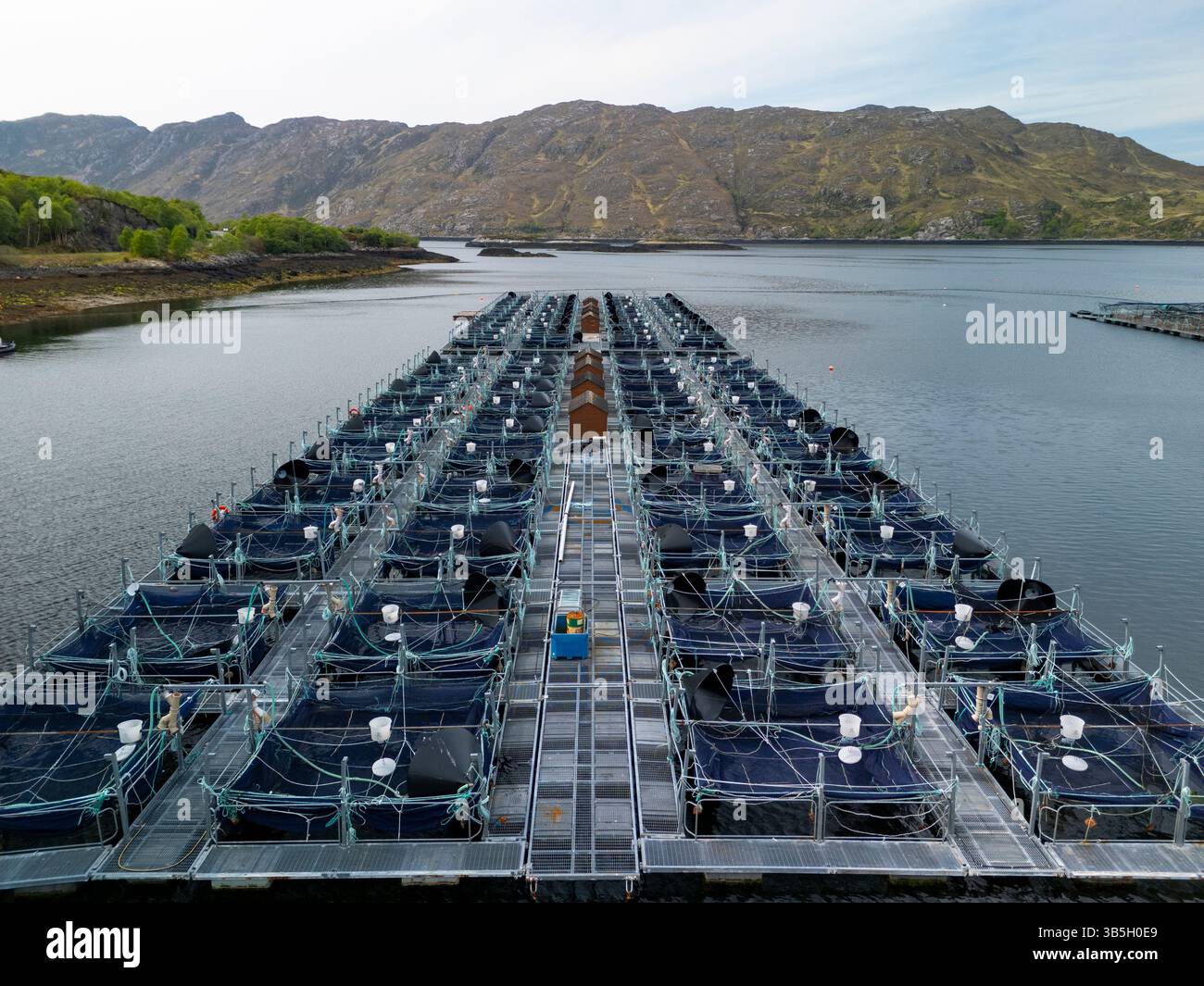 Aerial view of modern fish farm on Loch Ailort, morar, Lochaber ...