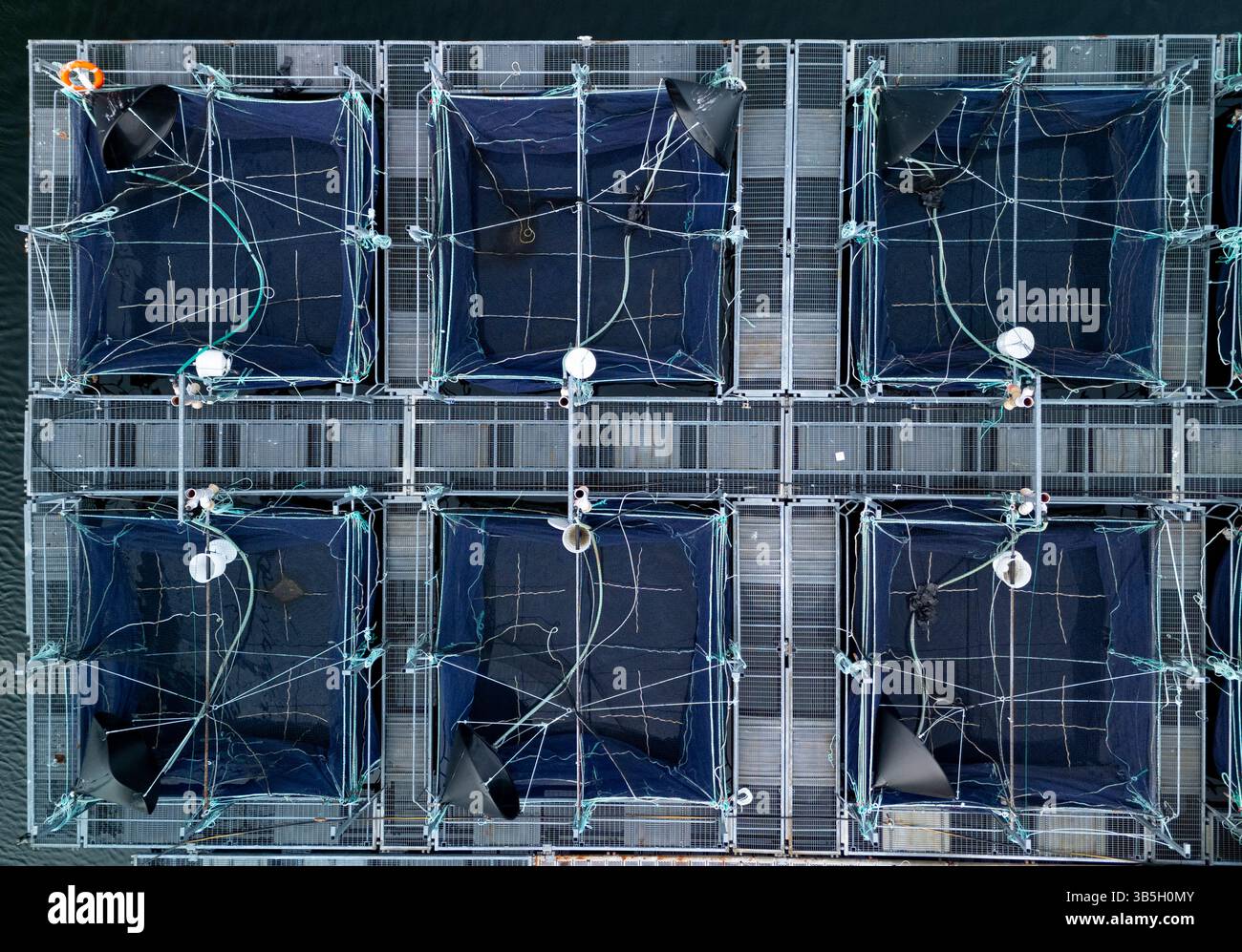 Aerial view of modern fish farm on Loch Ailort, morar, Lochaber ...