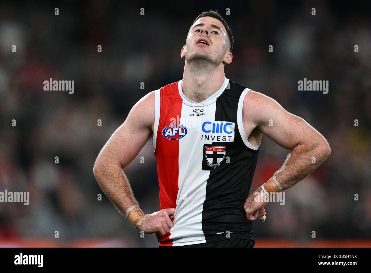 Melbourne, Australia. 02nd May, 2025. Jack Higgins of St Kilda reacts ...