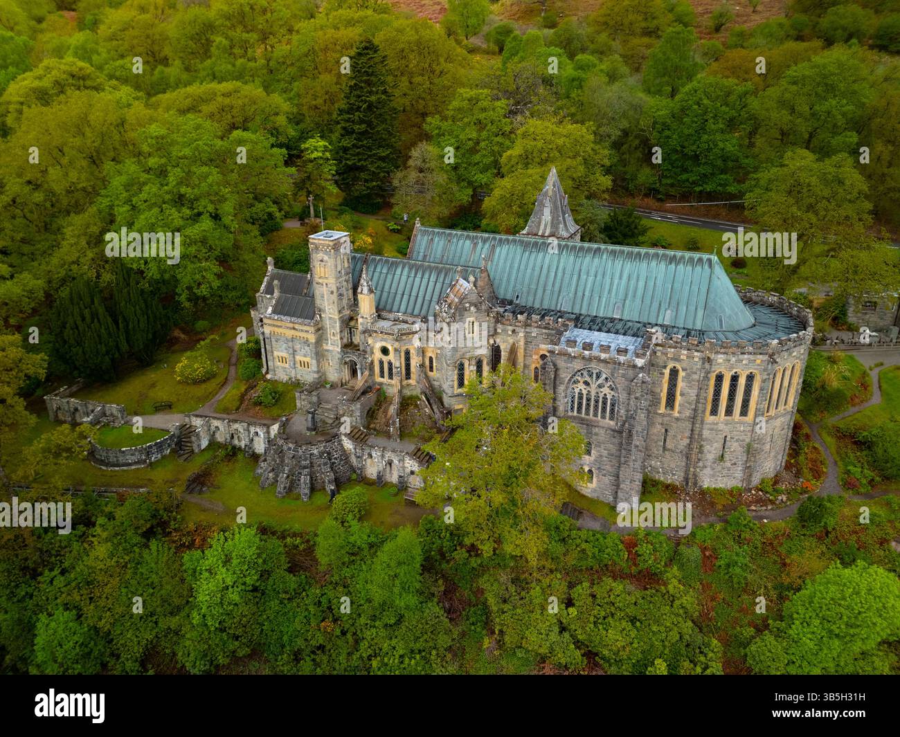 Aerial view of St Conan’s Kirk ( church) in Loch Awe village, Argyll ...