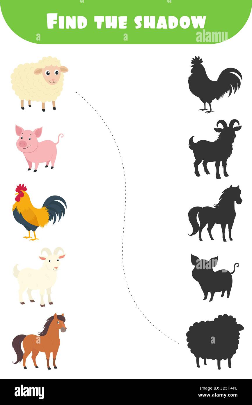 Kids educational game, farm animals shadow matching, preschool activity ...
