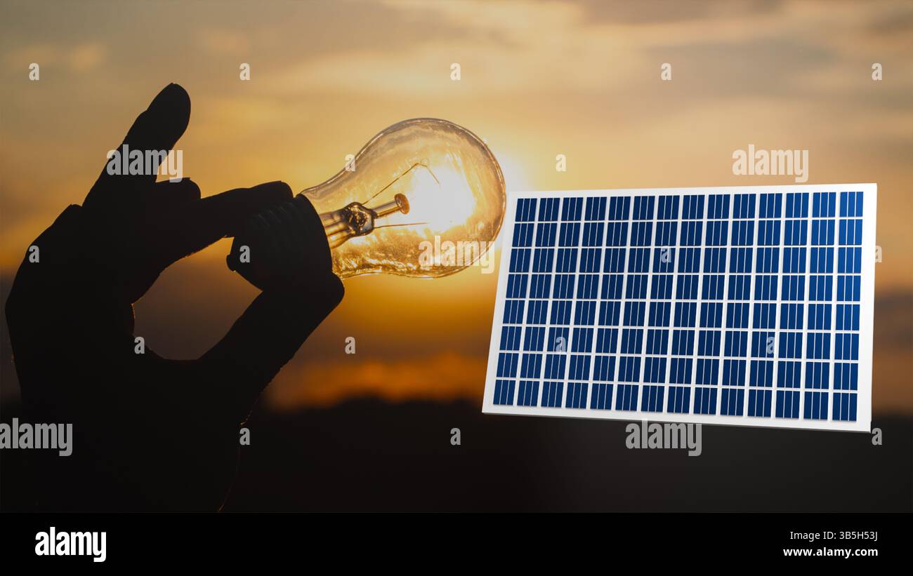 Hand holding a light bulb against a sunset background next to a 3D ...
