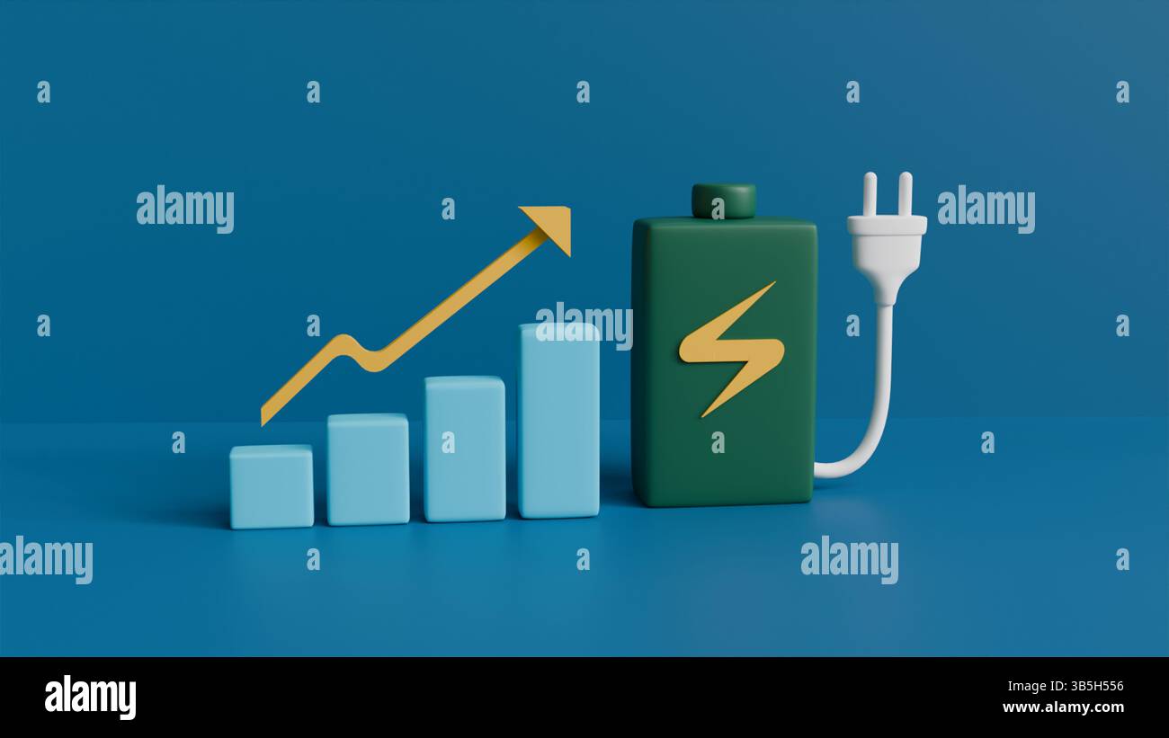 3D scene with power bank, electric plug and growing graph, , growth of ...