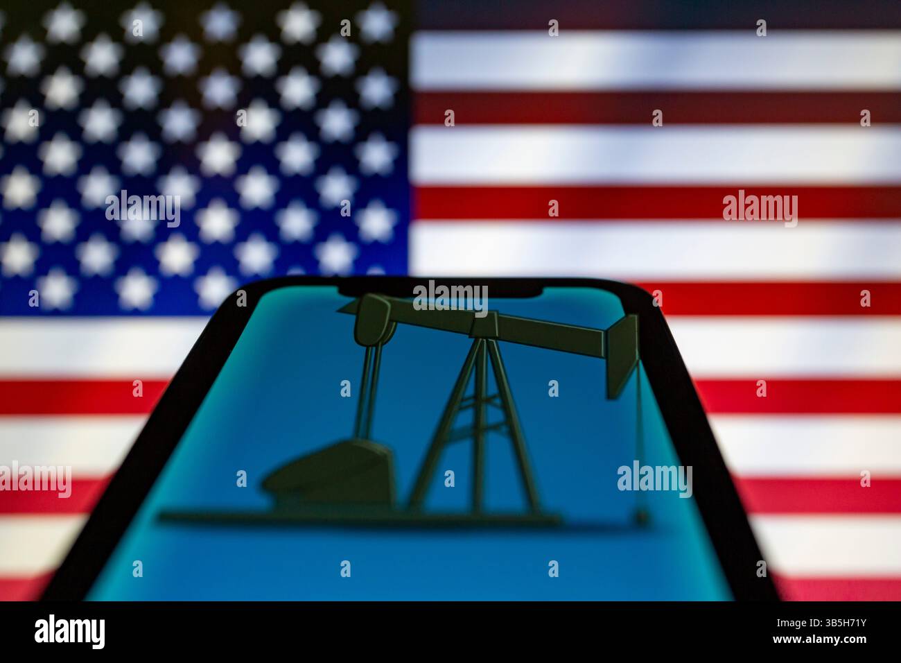 August 16, 2022, Asuncion, Paraguay: Visual representation of oil pump jack displayed on a ...