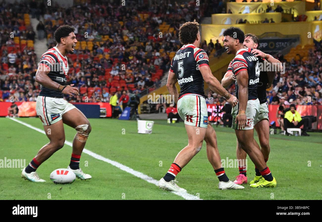 Brisbane, Australia. 02nd May, 2025. Robert Toia of the Roosters (right ...