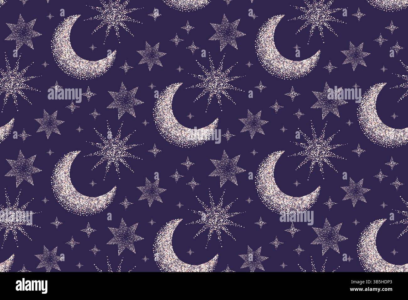Starry night sky pattern, confetti dotted crescent moons and stars on dark navy celestial ...