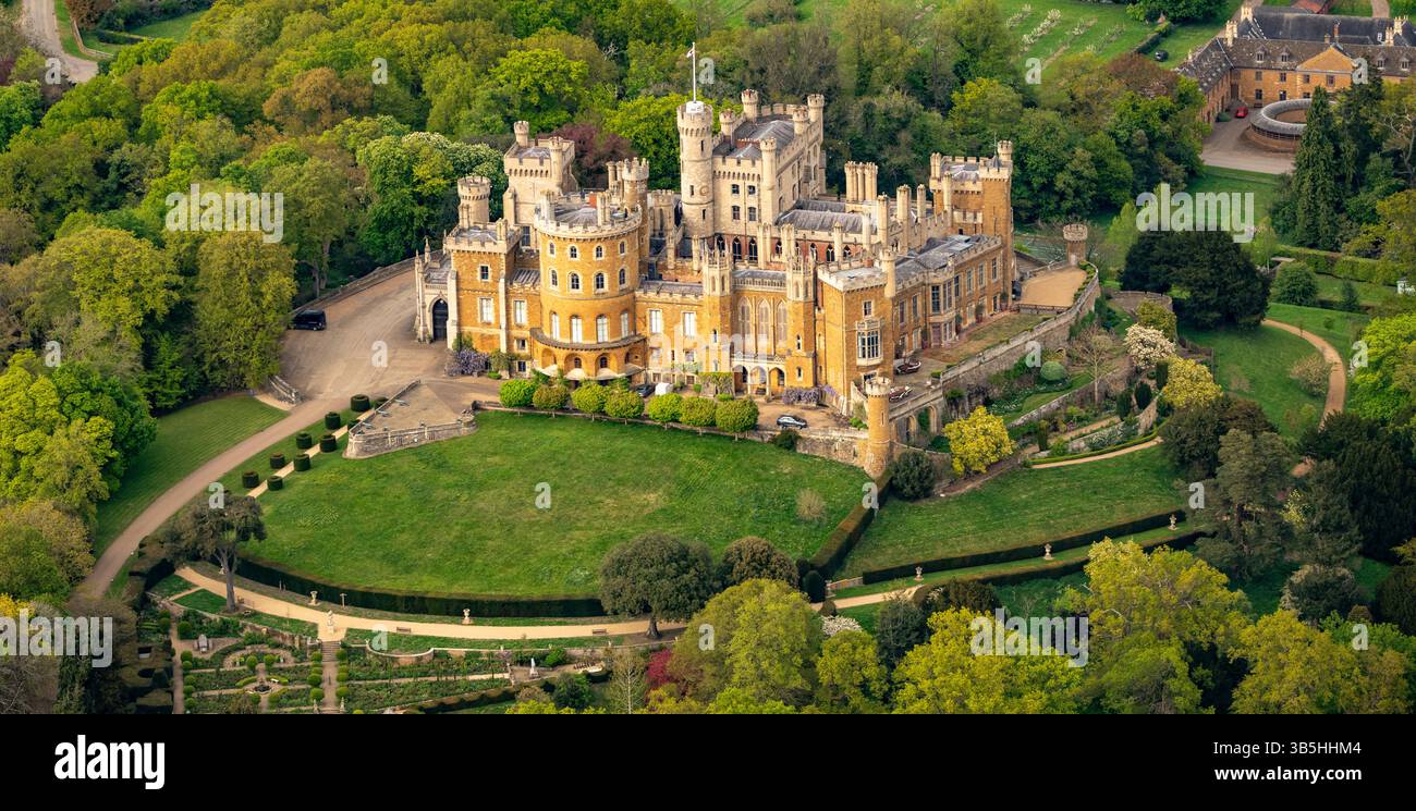 Aerial photograph of Belvoir Castle surrounded by trees in full leaf Stock Photo - Alamy