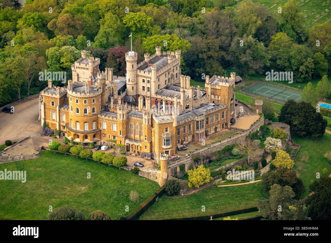 Aerial photograph of Belvoir Castle surrounded by trees in full leaf Stock Photo - Alamy