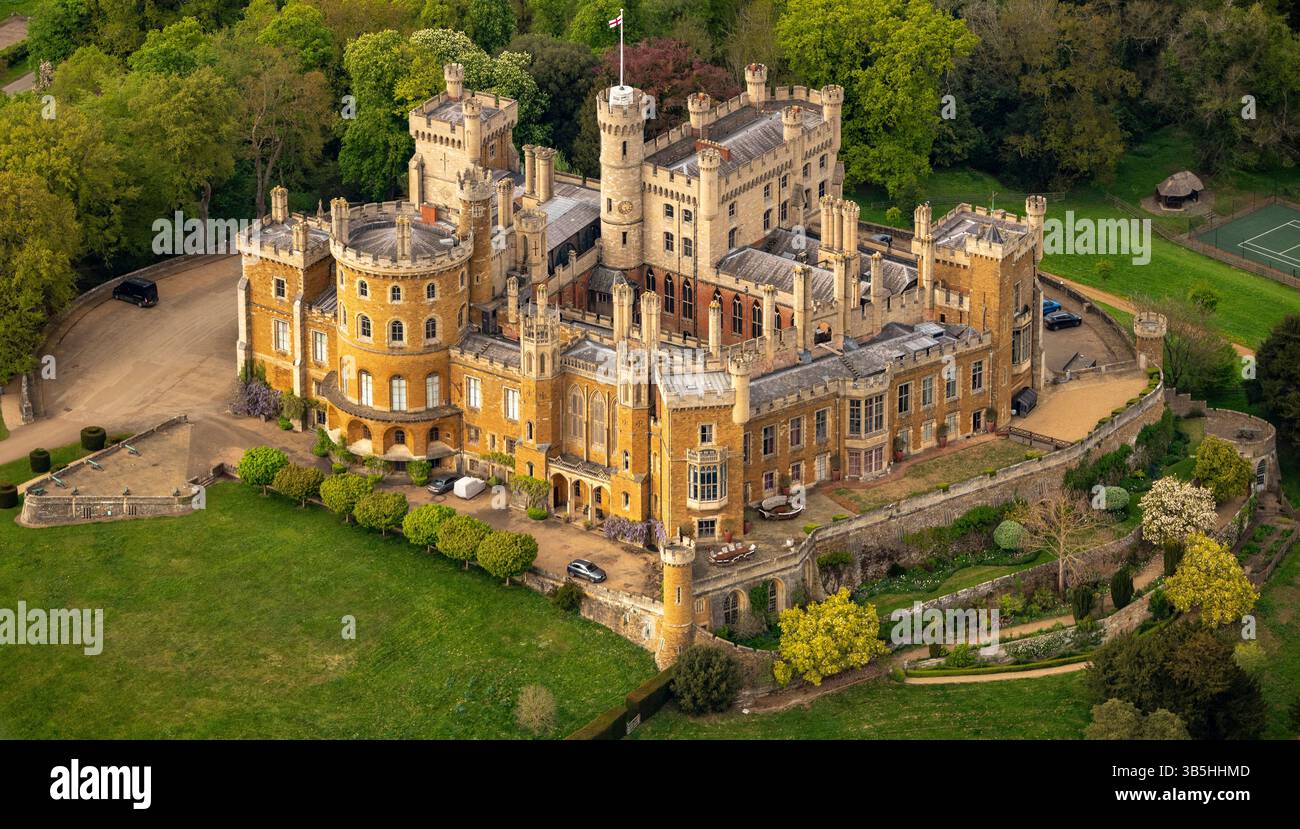 Aerial photograph of Belvoir Castle surrounded by trees in full leaf Stock Photo - Alamy