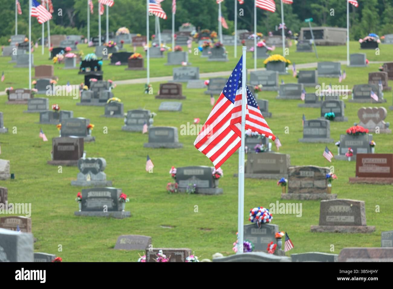 American flags next to cemetery Stock Photo - Alamy