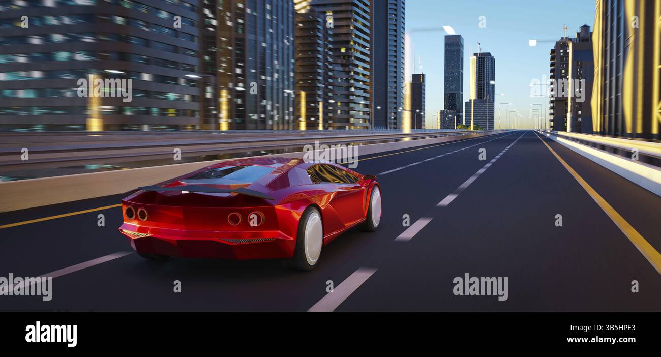 Non-existent brand-less generic concept red sport car driving fast on ...