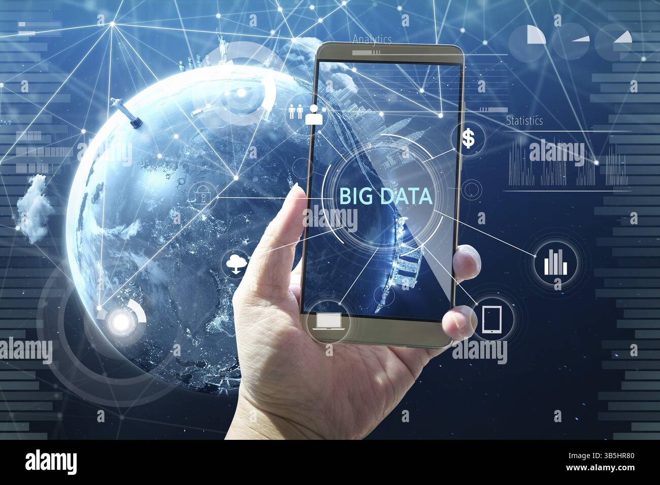 Man using digital device with BIG DATA word on digital virtual screen ...