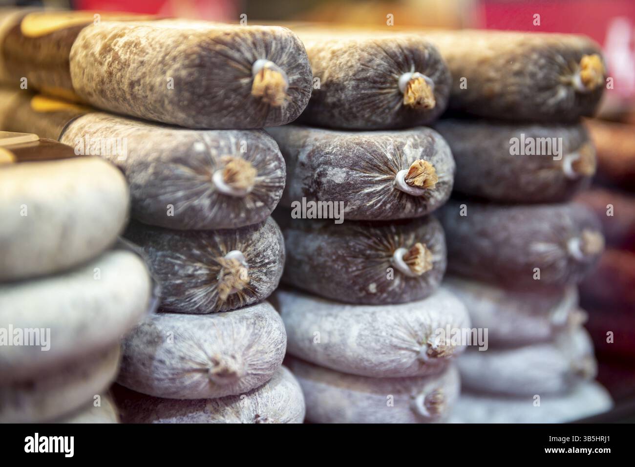 Dried salami sausages. Traditional Bulgarian dried flat salami Stock ...