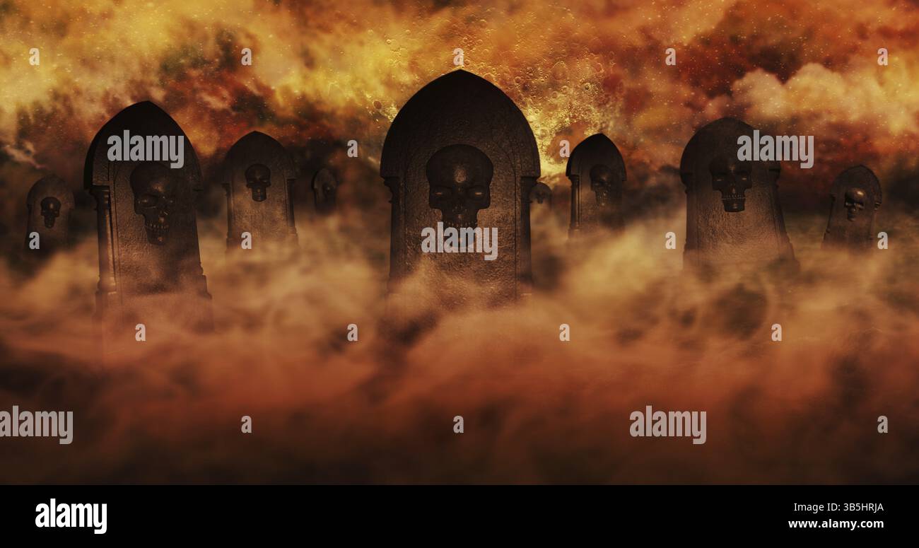 Cemetery At Night With Tombstones With Skulls And Burning Sky Full Of ...