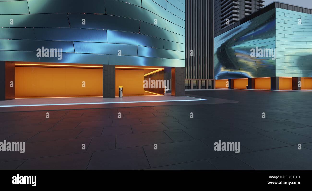 Empty floor with modern buildings with orange glass window and bump ...
