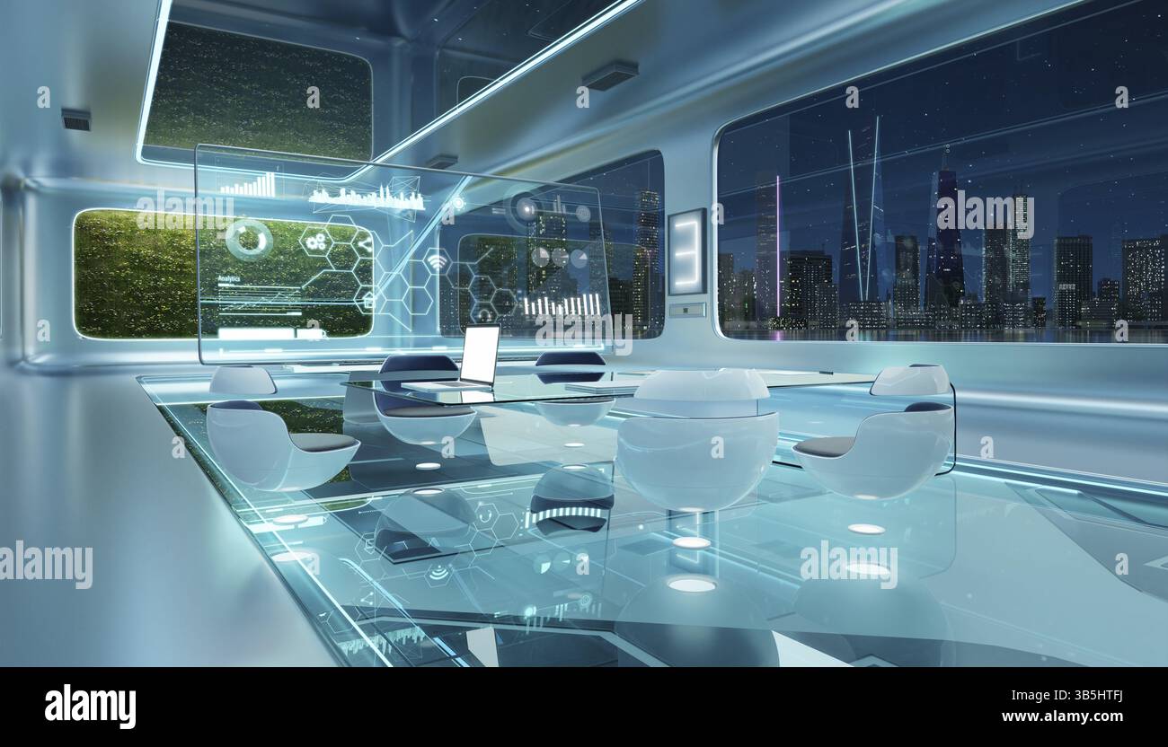 Modern sci-fi futuristic interior office design with green wall plant ...