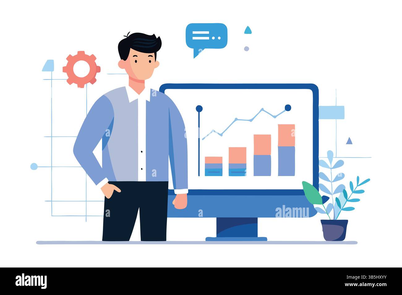 A man stands in front of a board with various graphs, analyzing ...