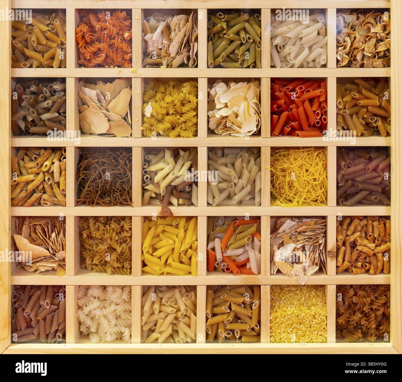 30 types of Italian pasta collection. Various colors of pasta viewed ...