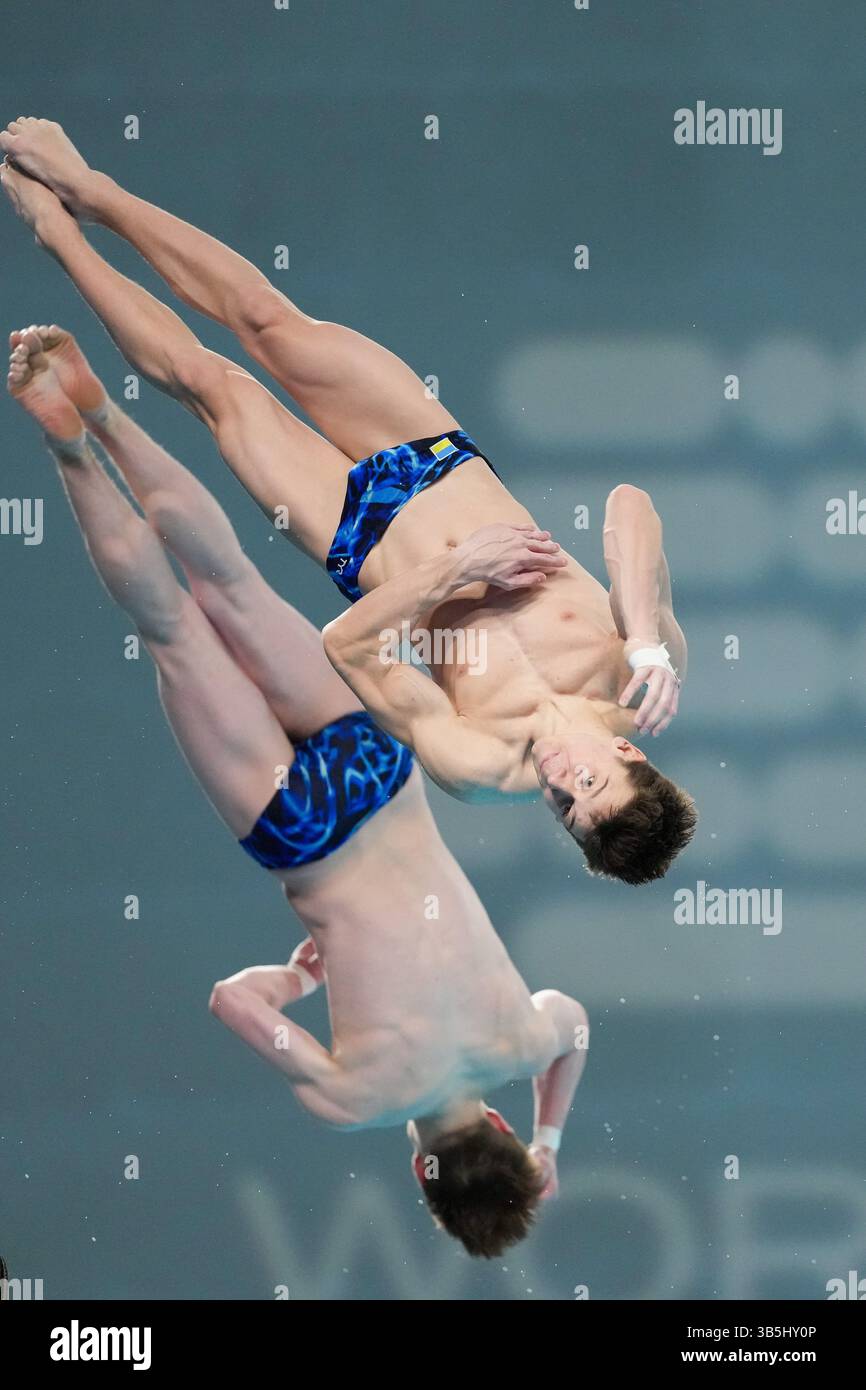 Beijing, China. 2nd May, 2025. Ukraine's Mark Hrytsenko (front)/Oleksii Sereda compete during ...