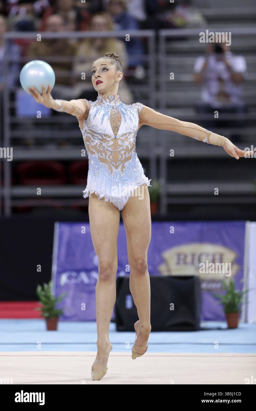 Sofia, Bulgaria - 1 April, 2018: Boryana Kaleyn Bulgaria performs with ball during Rhythmic ...