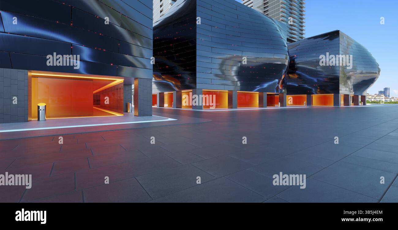 Empty floor with modern buildings with red glass window and bump shape ...